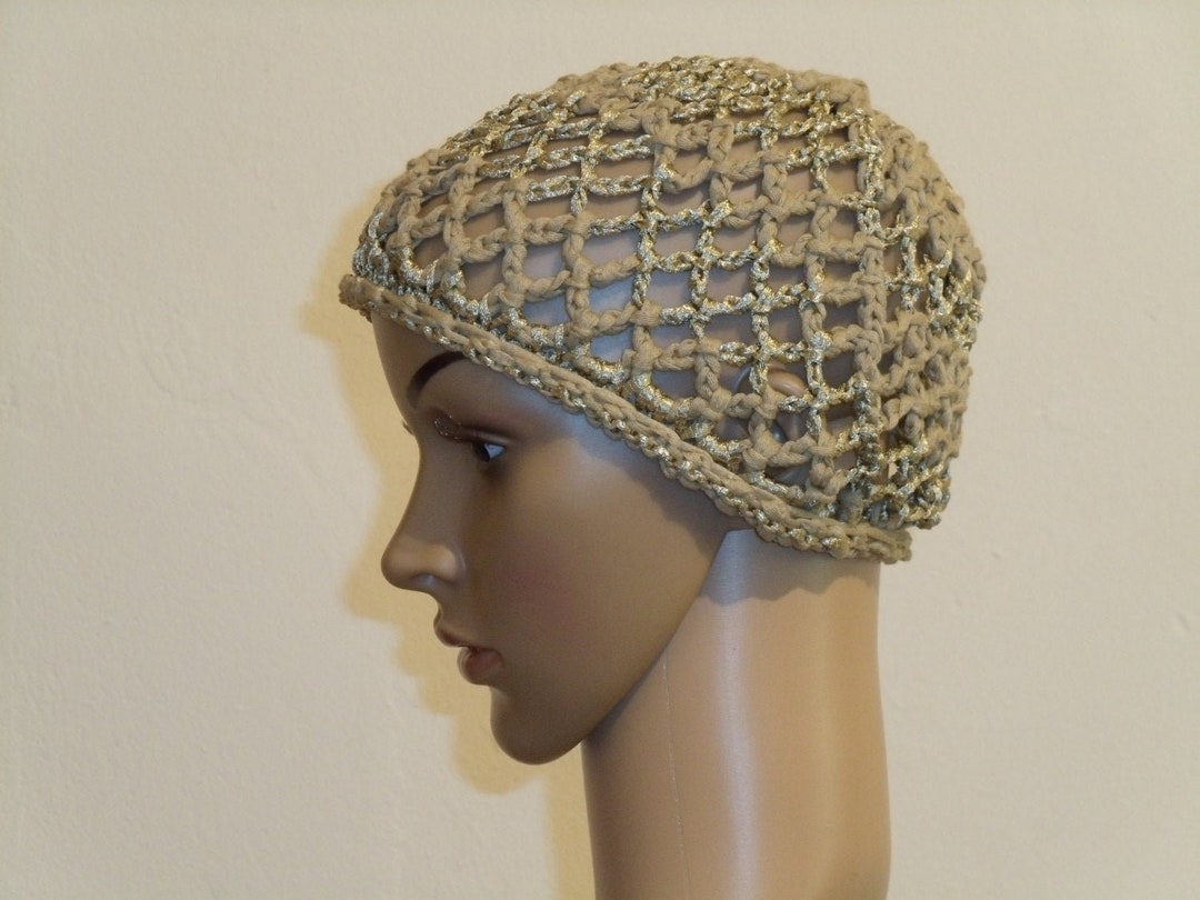 Crochet Fishnet Hat in Light Brown Ribbon Yarn With Gold in the 30s ...