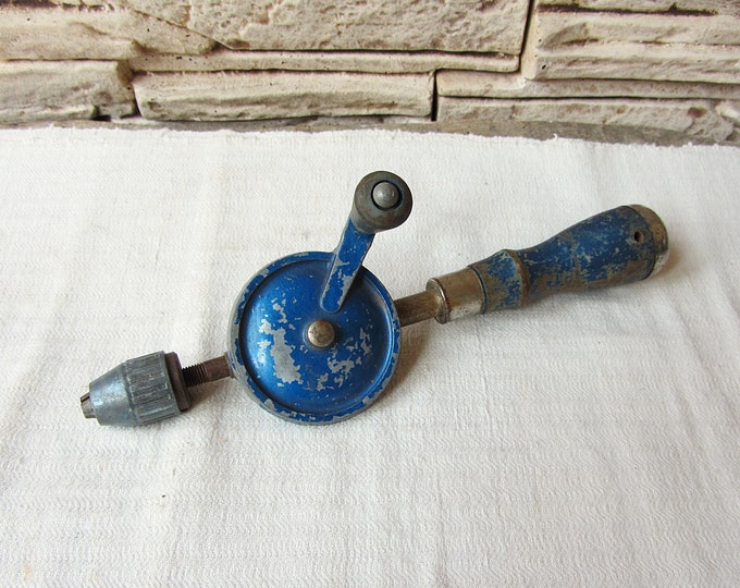Vintage Hand Drill Blue Manual Hand Drill Rust Tools Woodworking Crafts ...