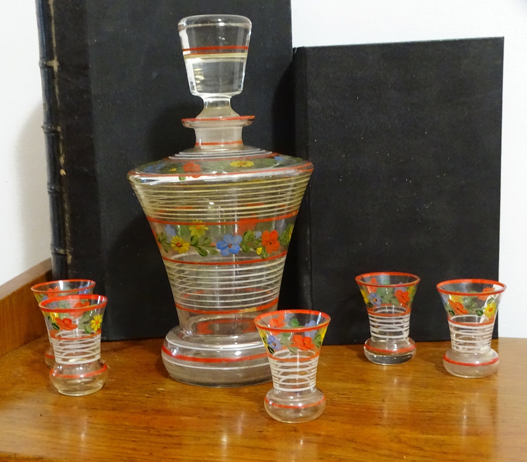 Vintage Decanter and Glass Set, Hand Painted Liquour Set, Carafe and ...