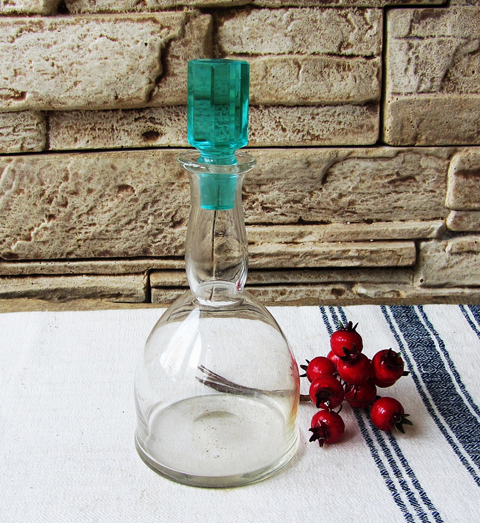 Vintage Glass Bottle with Blue Stopper Decanter Carafe Retro | Etsy