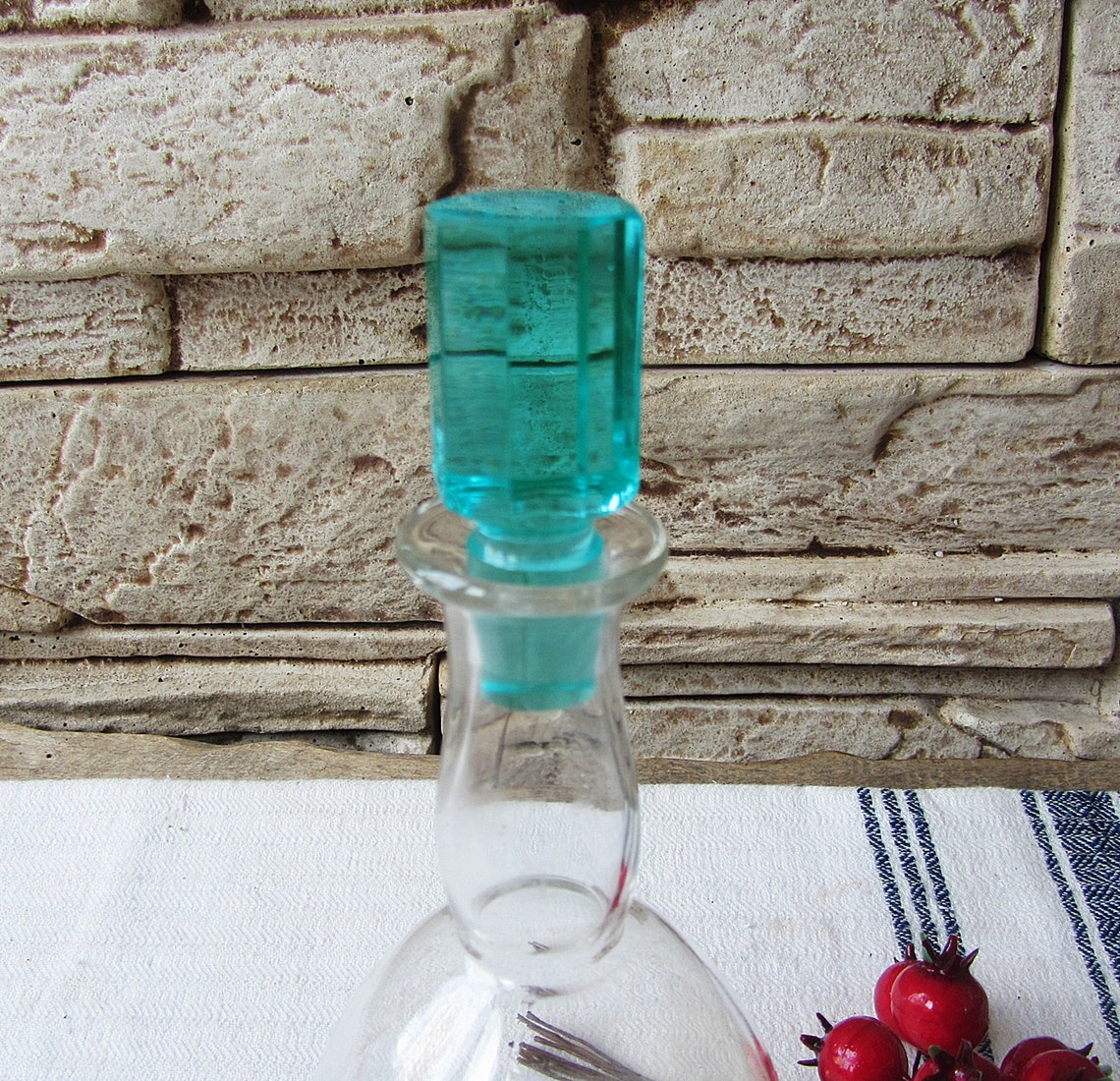 Vintage Glass Bottle with Blue Stopper Decanter Carafe Retro | Etsy