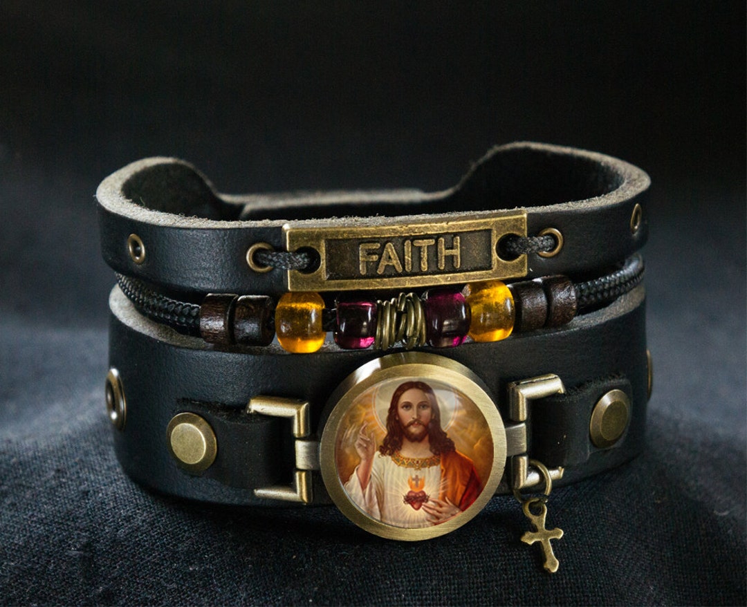 Jesus Christ Christian Faith Cuff Bracelet With Cross - Black Leather ...