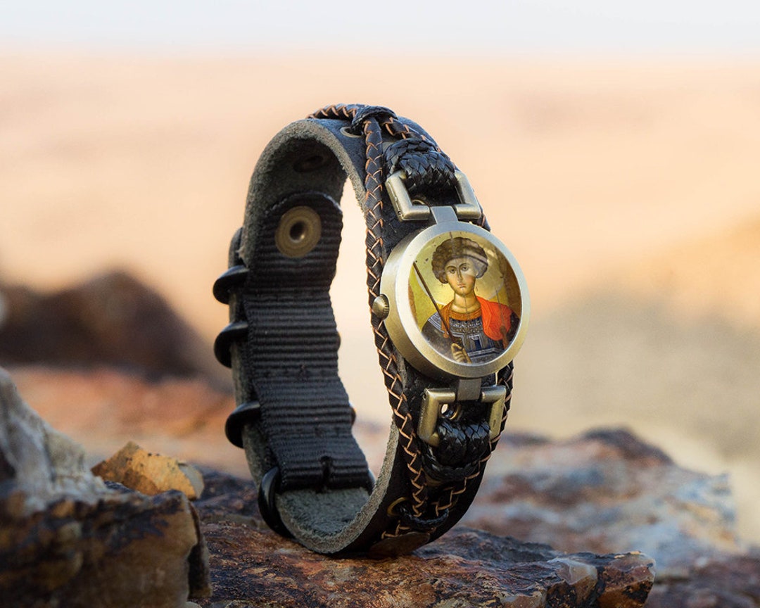 Saint George Bracelet St George Leather Wristband Handmade Black ...