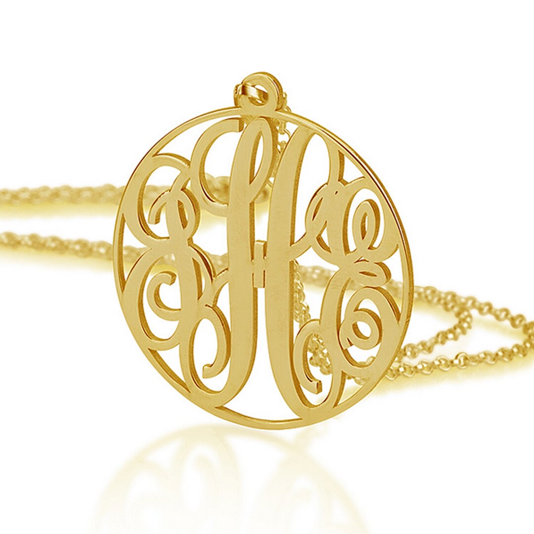 14K Solid Gold Circle Monogram Necklace: Personalized Initial Pendant ...
