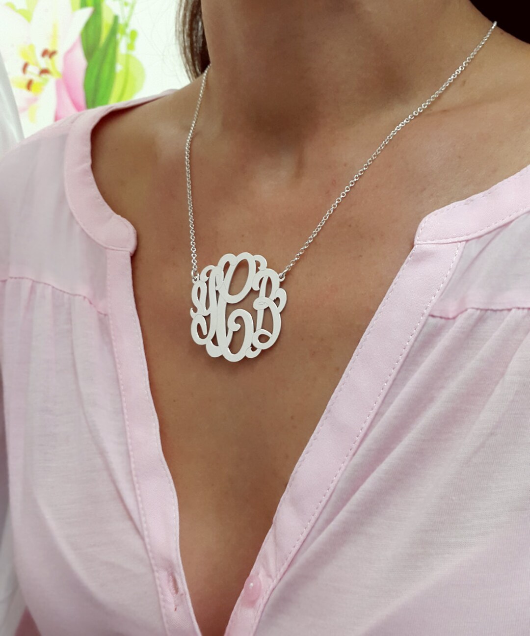 Gift for Her - Custom Made Silver Monogram Necklace, 1.5 ...