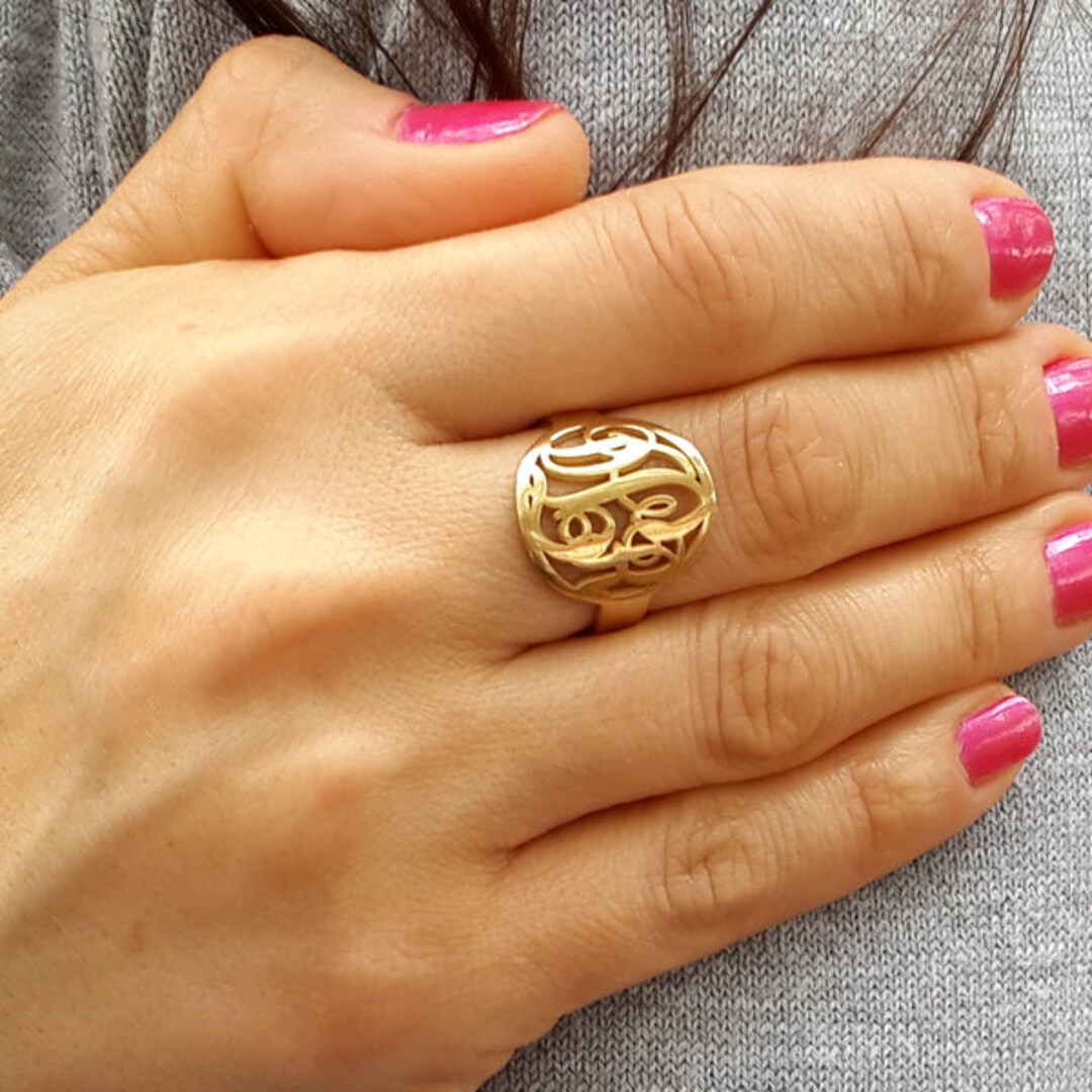 Gold Plated Circle Monogram Ring - Personalized Name Ring - Initial ...