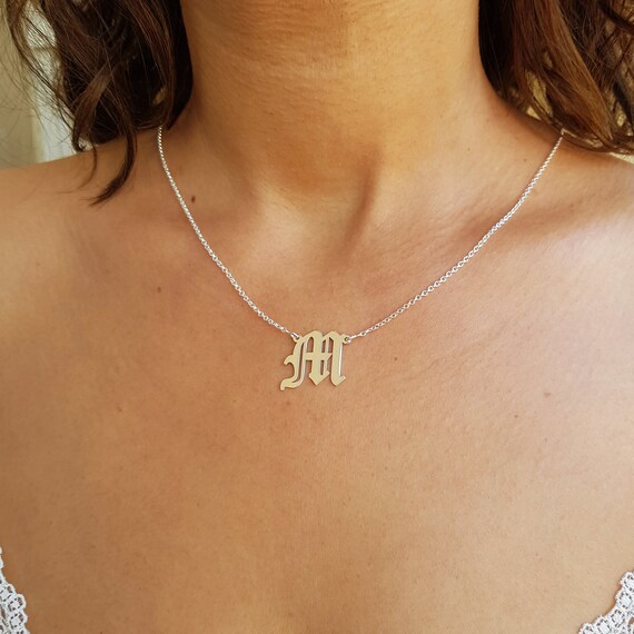 Old English Initial Necklace Any Letter You Wish Personalized Sterling Silver Necklace Etsy