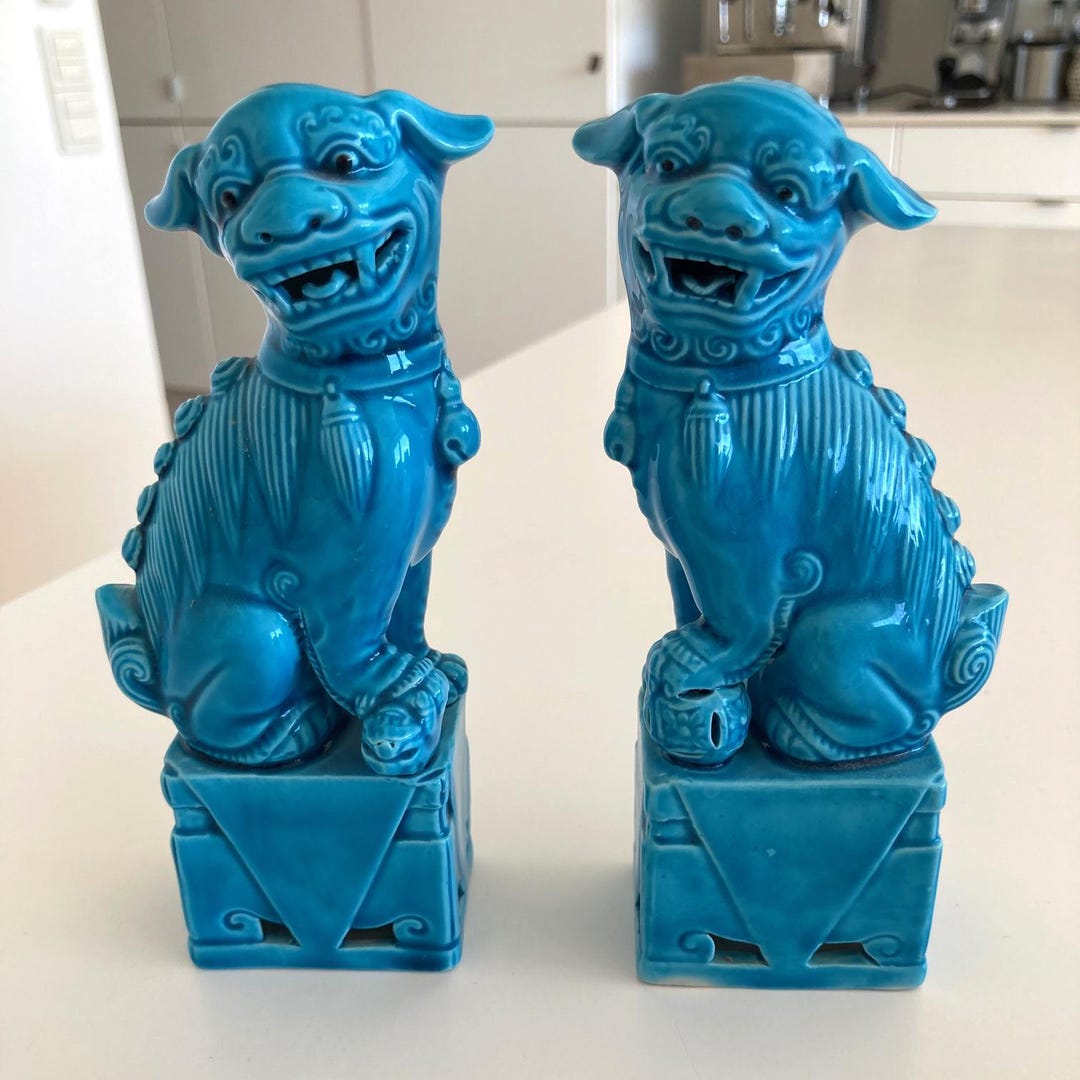 Vintage Foo Dog Pair Figurines, Turquoise Foo Dogs, Chinese Porcelain ...