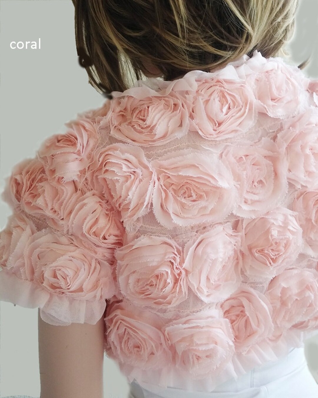 Light Coral Coral Pink Color Bridal Cover up , Shrug With 3 D Chiffon ...