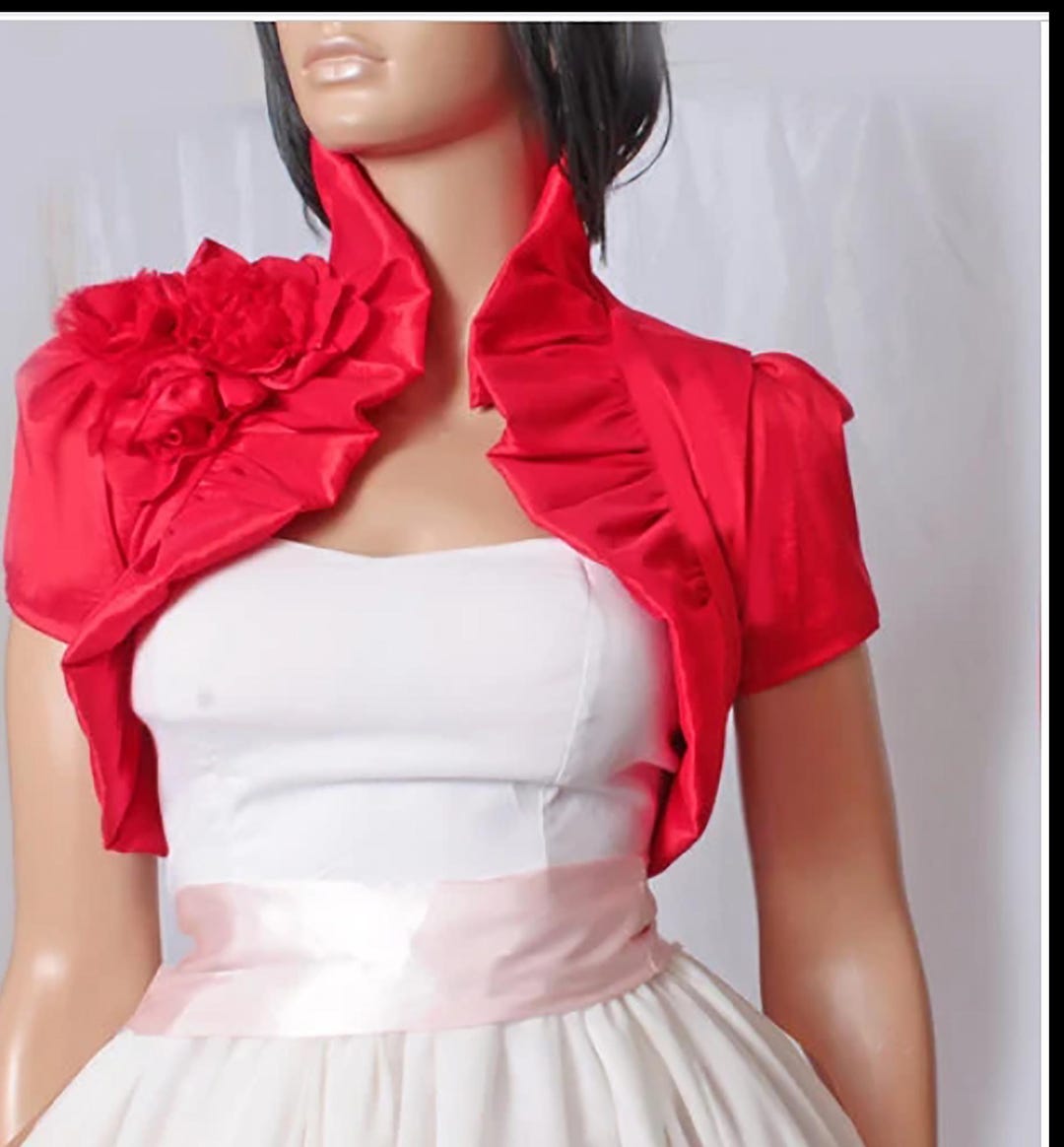 Bridal Taffeta Bolero: Coral Red Wedding Shrug With Handmade Flowers - Etsy
