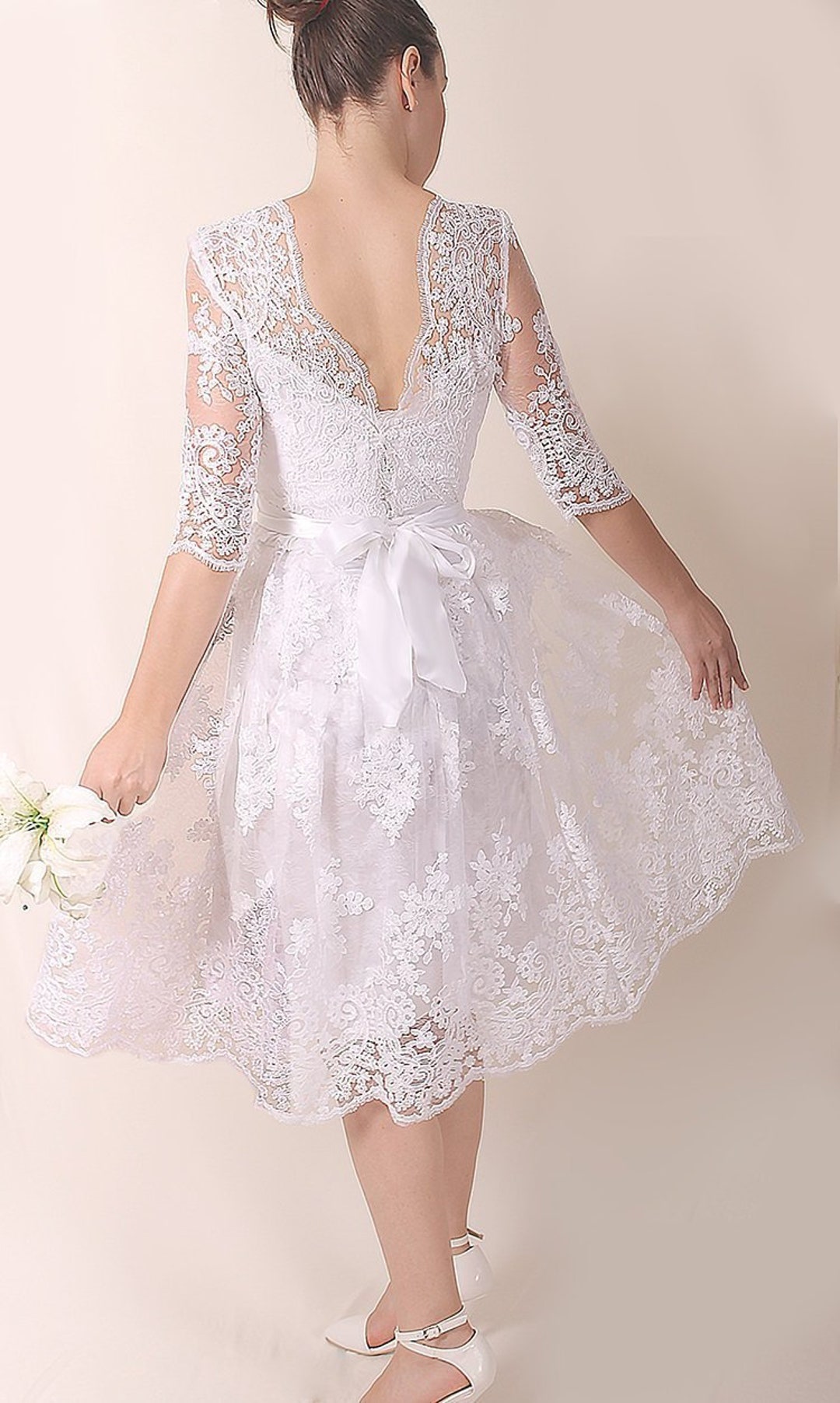 Lace Short Wedding Dress: Romantic Bridal Gown With Sleeves - Etsy