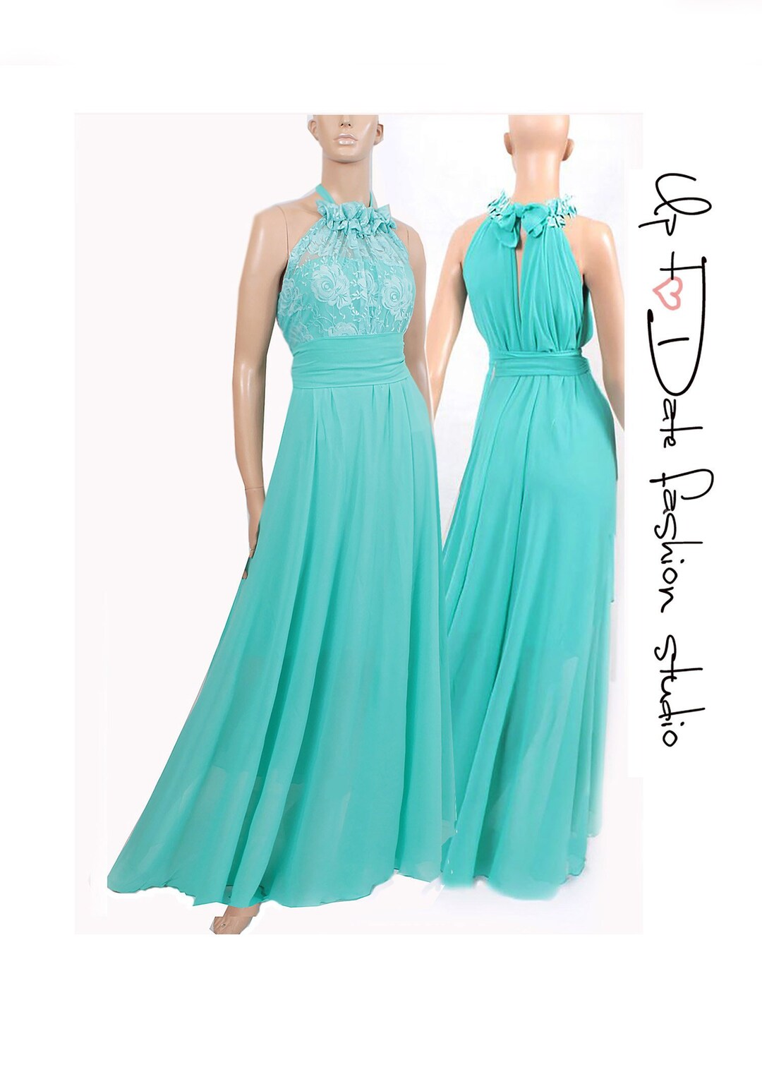Chiffon Halter Maxi Dress: Turquoise Lace Top Bridesmaid Gown - Etsy