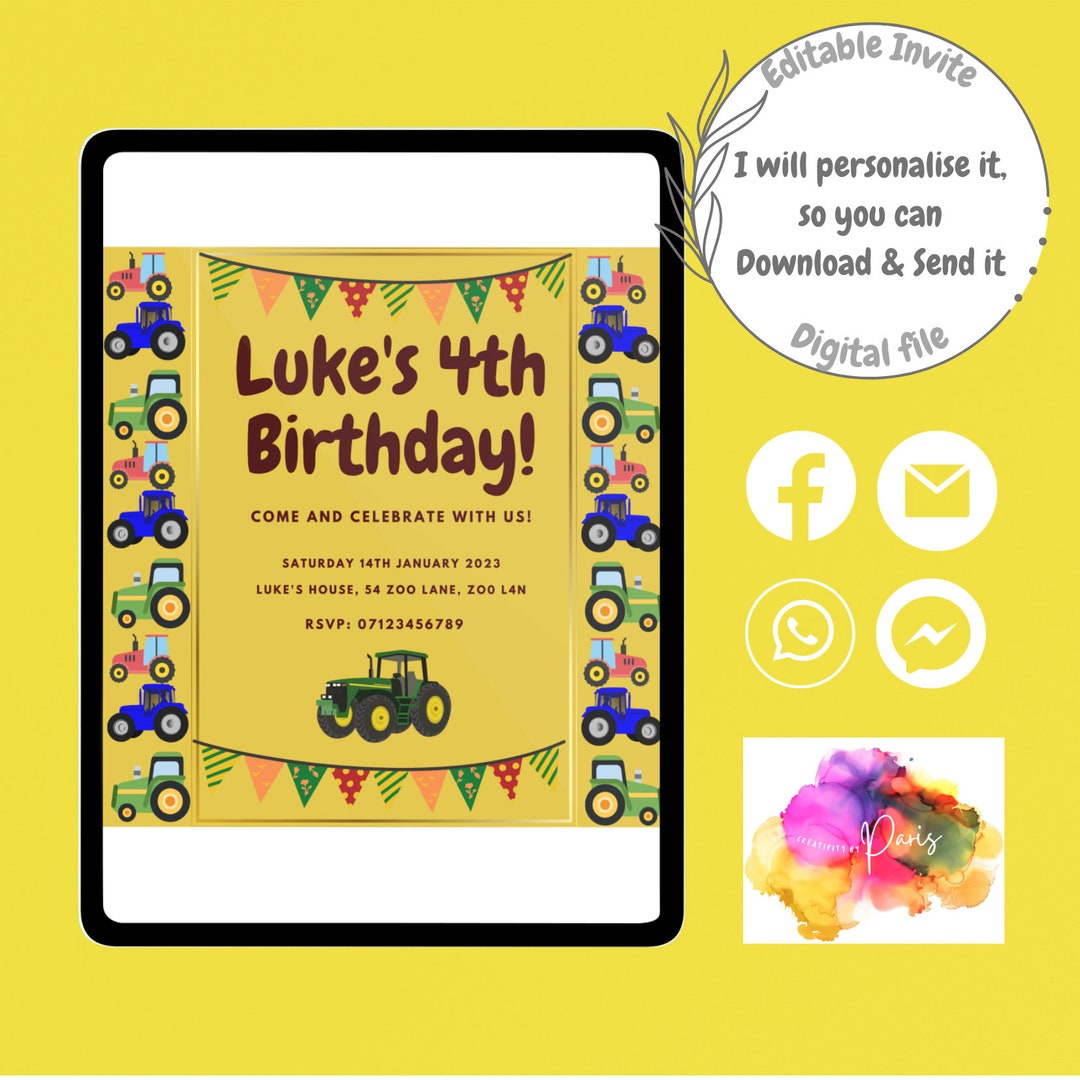 Digital Invitation Tractor Themed Birthday Invitation, Kids Party ...