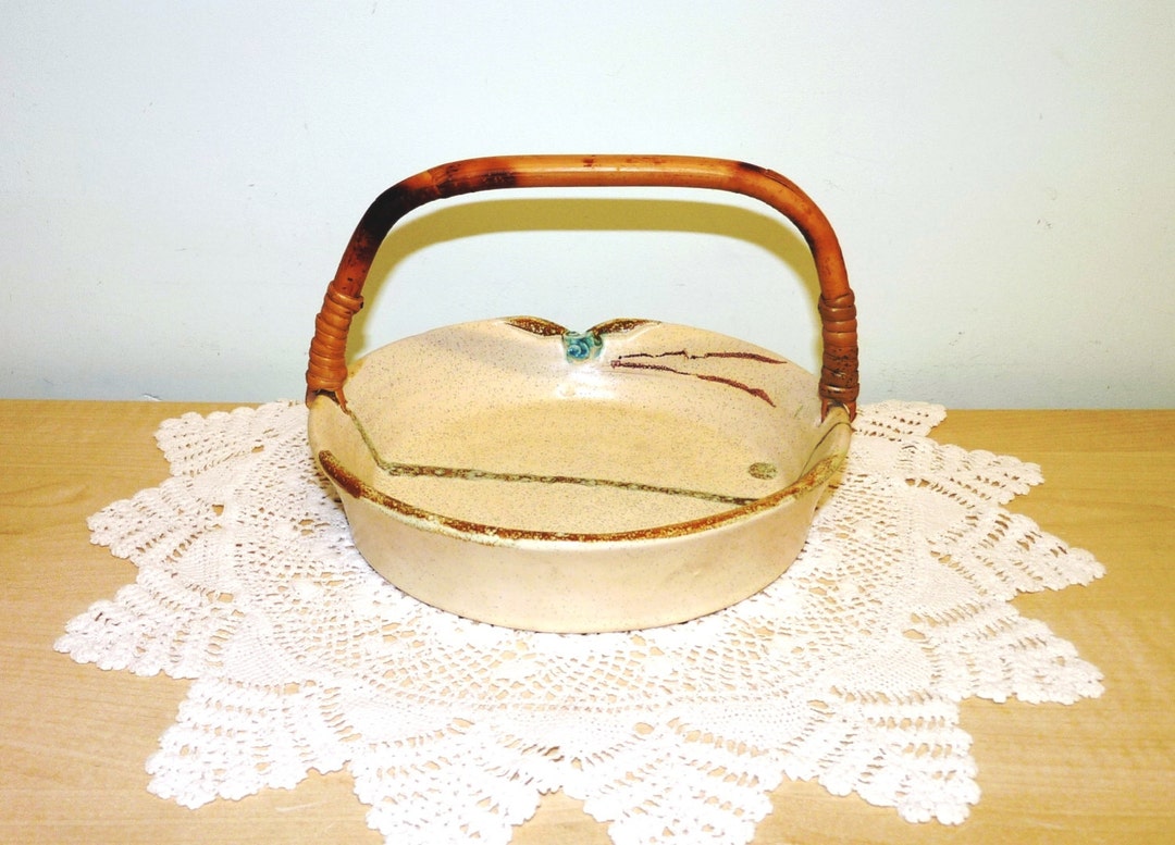 Greek Studio Pottery Dish or Bowl With Bamboo Handle, Cream and Brown ...