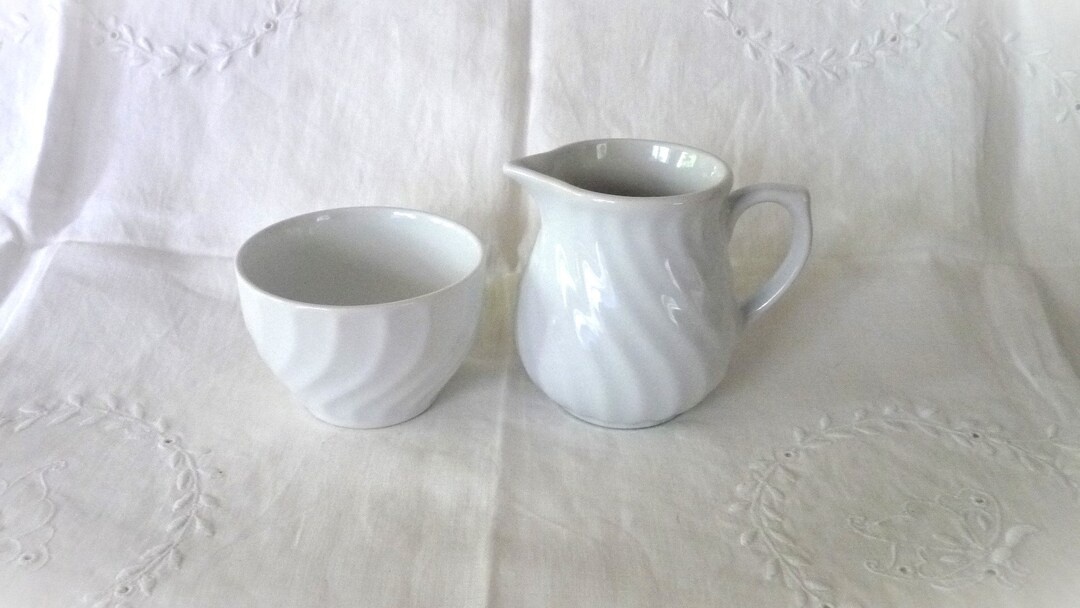 Rayware Sugar and Creamer, Sugar Bowl, Milk Jug, White China, Swirl ...