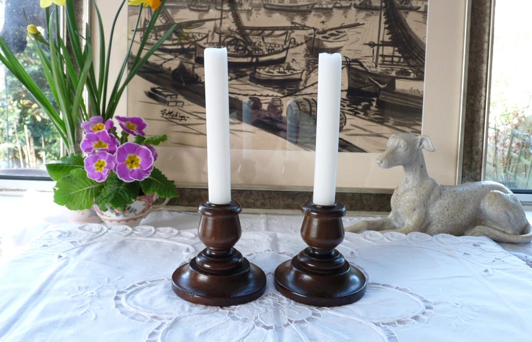 Dark Wood Candlesticks X 2, Candleholders, Candle Holders, Solid Wood ...