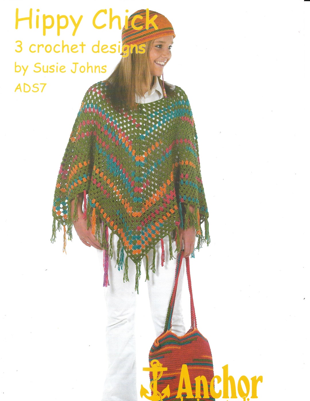 Crochet Pattern for Hippy Chick Vintage Style Poncho, Bag and Beanie ...