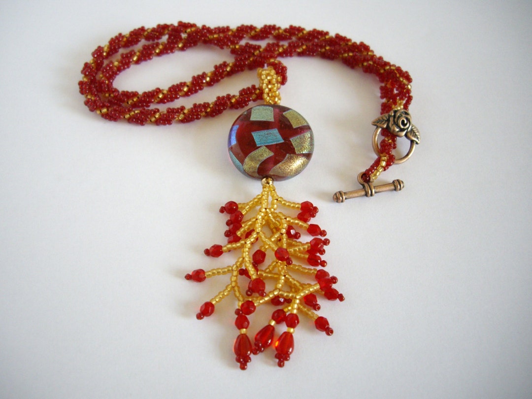 Red and Gold Necklace, Fringe Necklace, Spiral Rope Necklace, Red ...