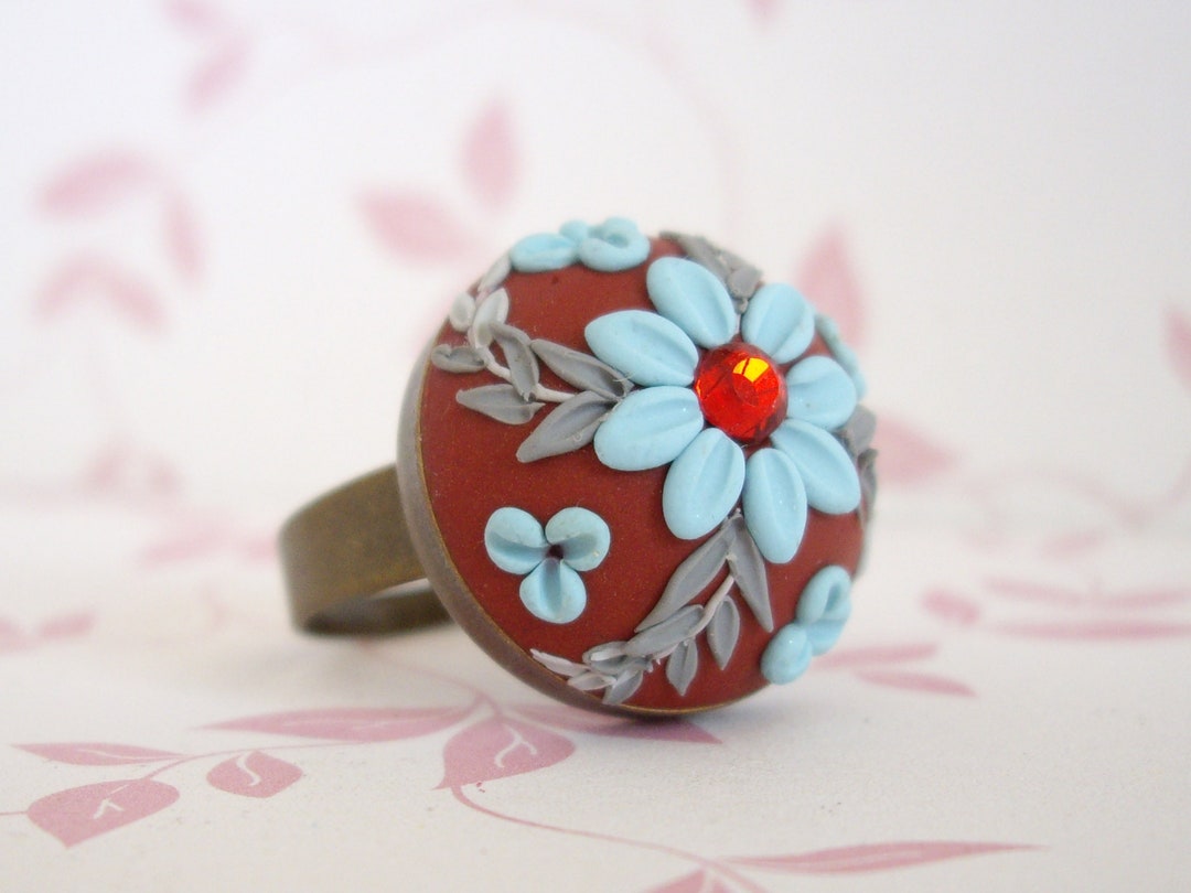 Polymer Clay Ring, Polymer Clay Floral Ring, Wine Red Floral Ring ...