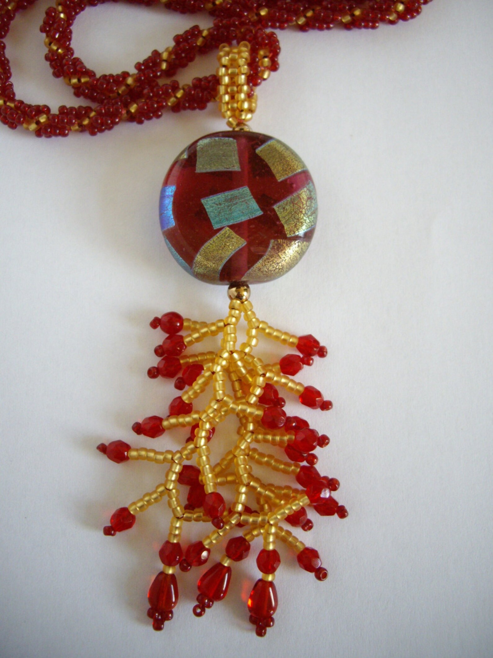 Red and Gold Necklace, Fringe Necklace, Spiral Rope Necklace, Red ...