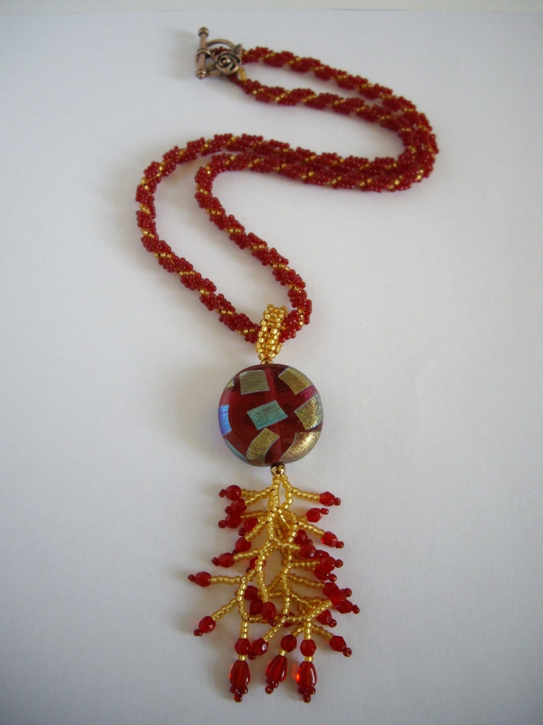 Red and Gold Necklace, Fringe Necklace, Spiral Rope Necklace, Red ...