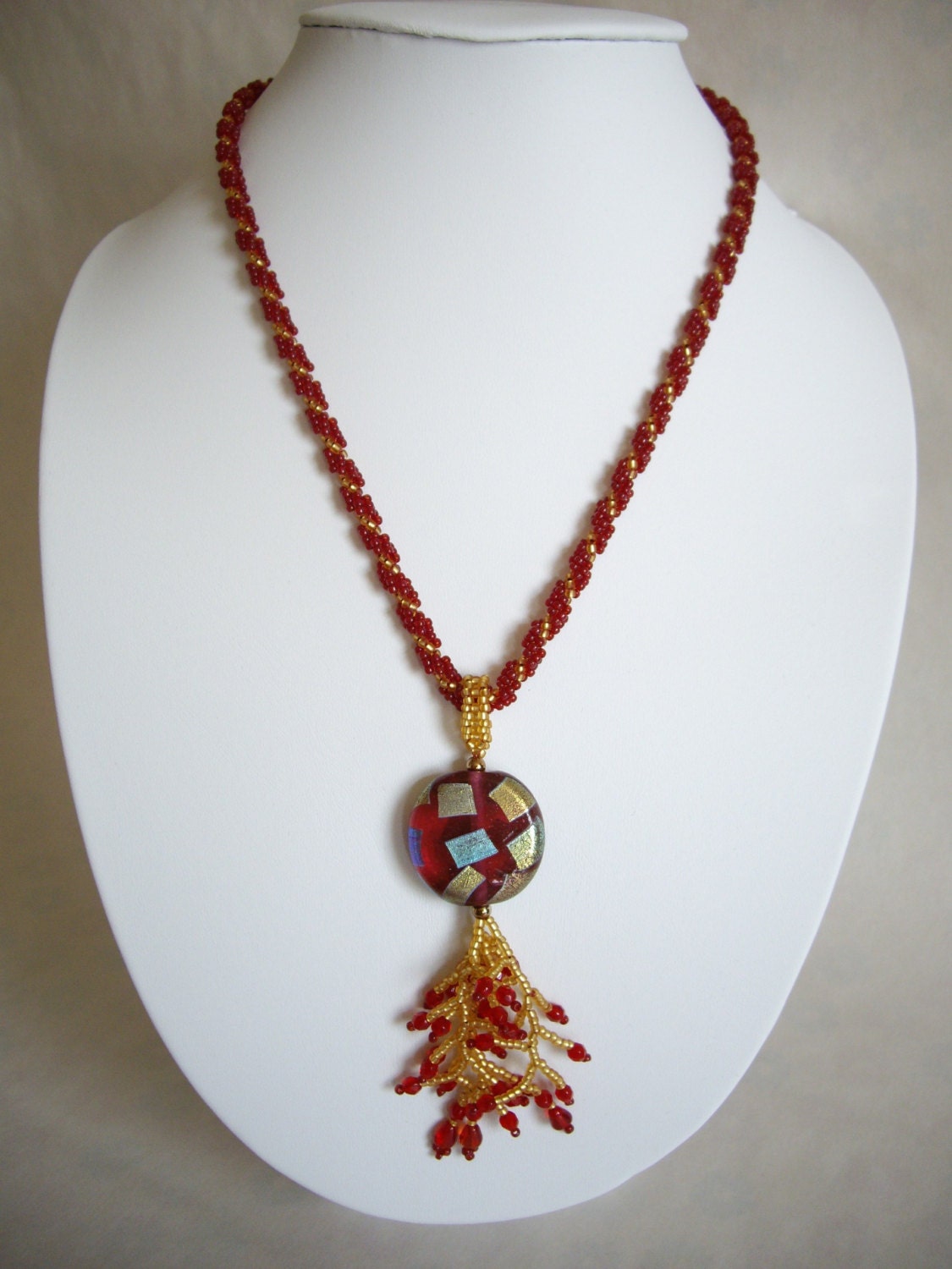 Red and Gold Necklace, Fringe Necklace, Spiral Rope Necklace, Red ...