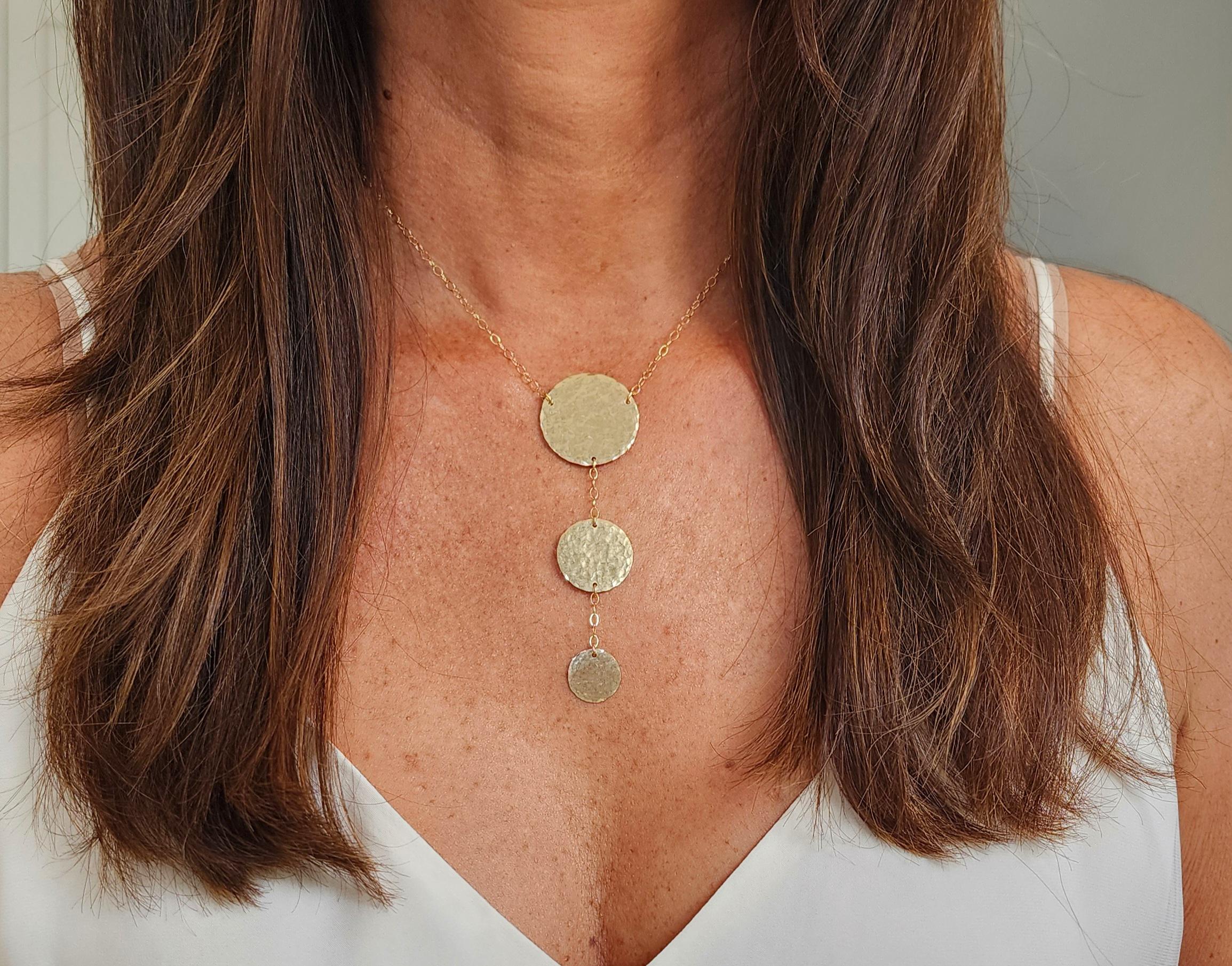 Hammered Triple Disk Necklace, Gold or Sterling Silver, Lariat, Circle ...