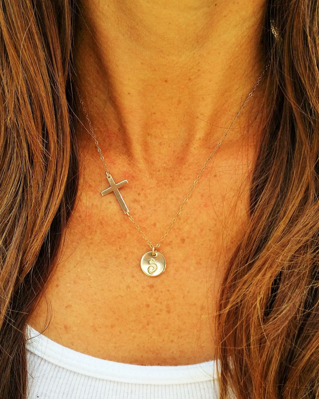 Gold Cross Monogram Necklace, Cross Pendant, Monogram - Etsy