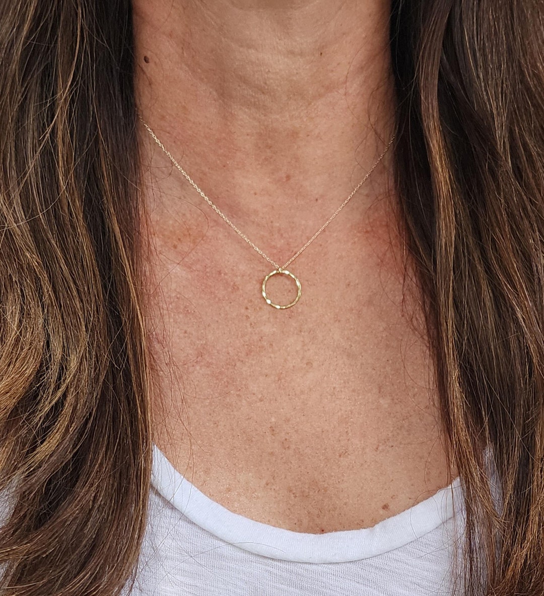 Small Gold Necklace, Circle Pendant, Hammered Circle, Gold Necklace ...