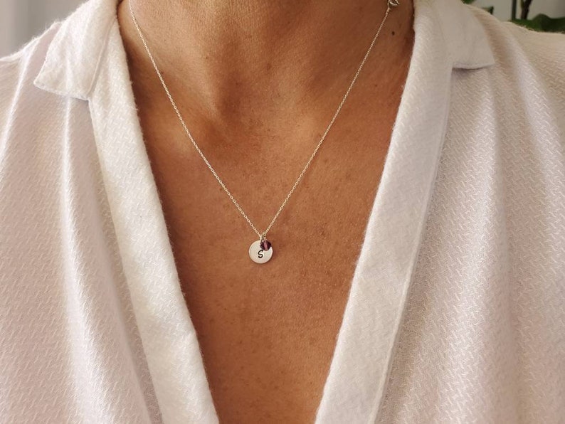 Tiny Sterling Silver Monogram Necklace Birthstone Initial | Etsy