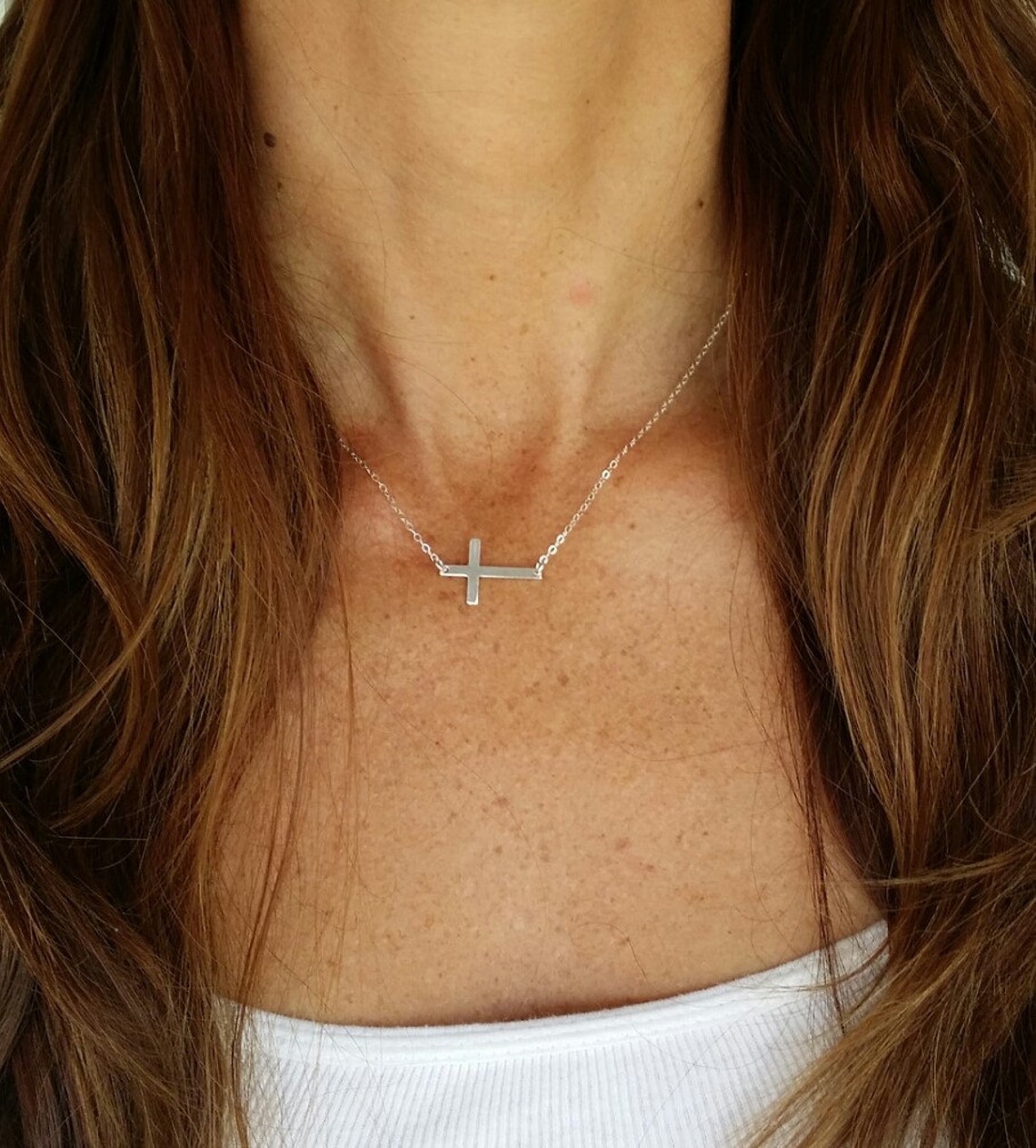 Sideways Sterling Silver Cross Necklace, Smooth Cross Pendant, Silver ...