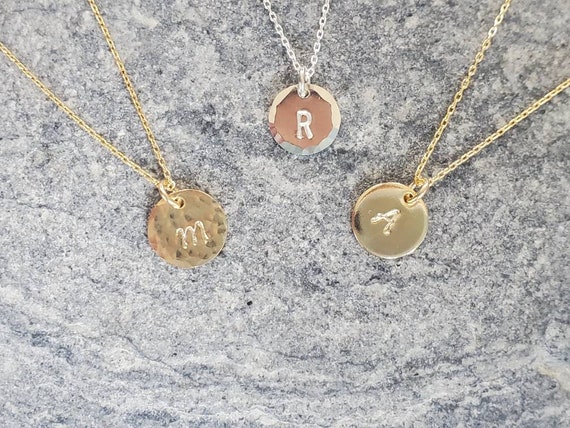 Tiny Monogram Necklace Hammered Initial Necklace Gold Fill Sterling Silver Personalized Letter Name Circle Dainty Necklace Coin Etsy