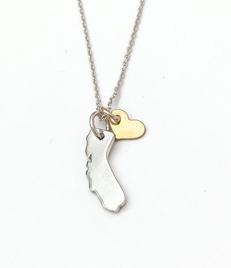 California Love, Tiny Sterling Silver California Necklace, Gold Heart ...