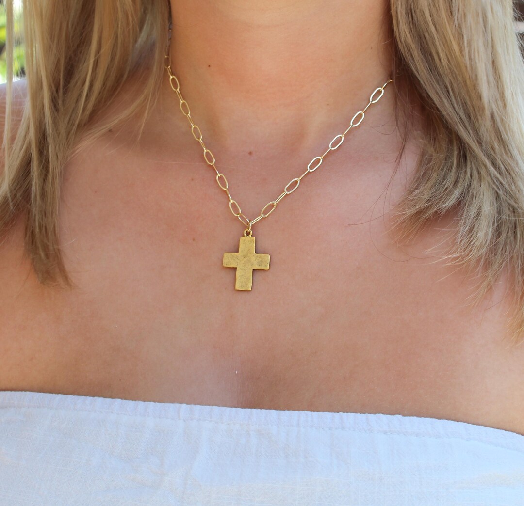 Large Gold Cross Necklace, Paperclip Chain, Antiqued Rustic Cross, Gold ...
