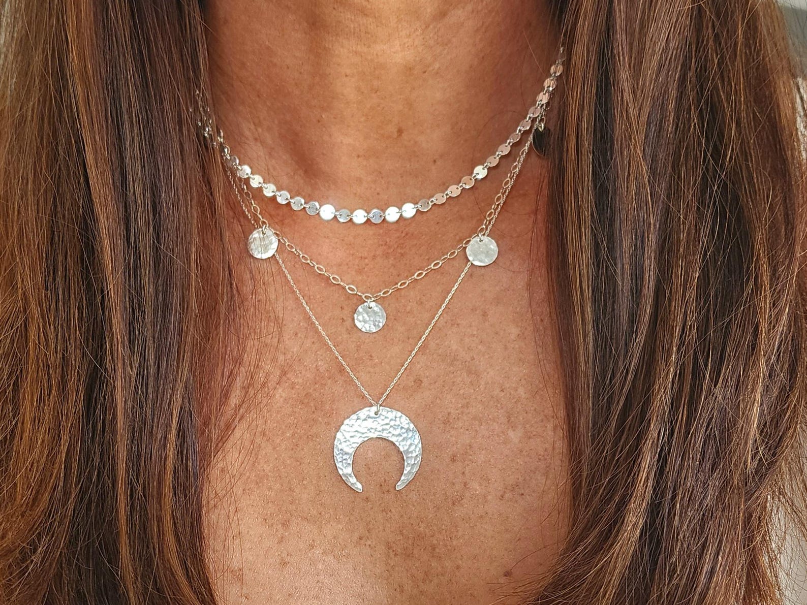 Layered Necklace Set, Moon, Set of 3, Gold, Silver, Three Necklaces ...