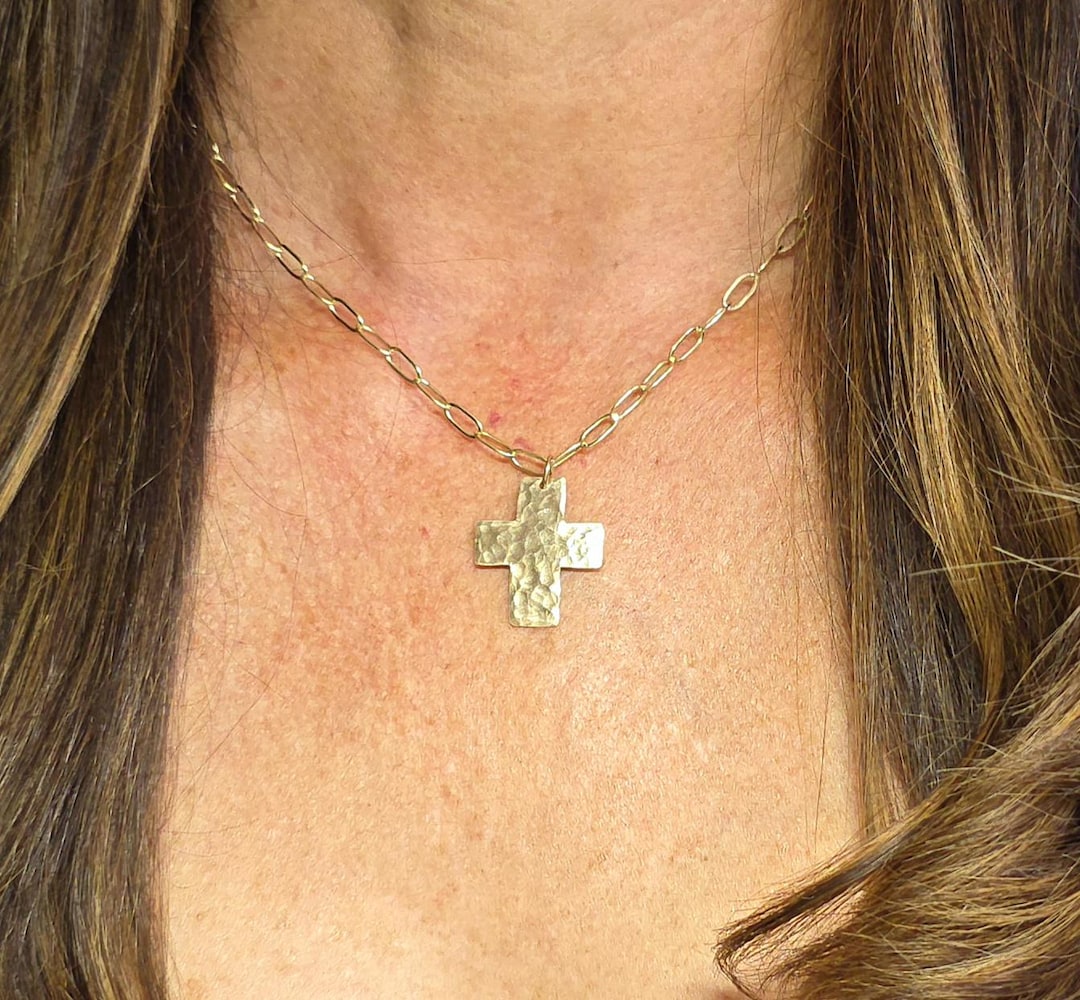 Chunky 14k Gold Filled Cross Necklace, Paperclip Chain, Rustic Cross ...