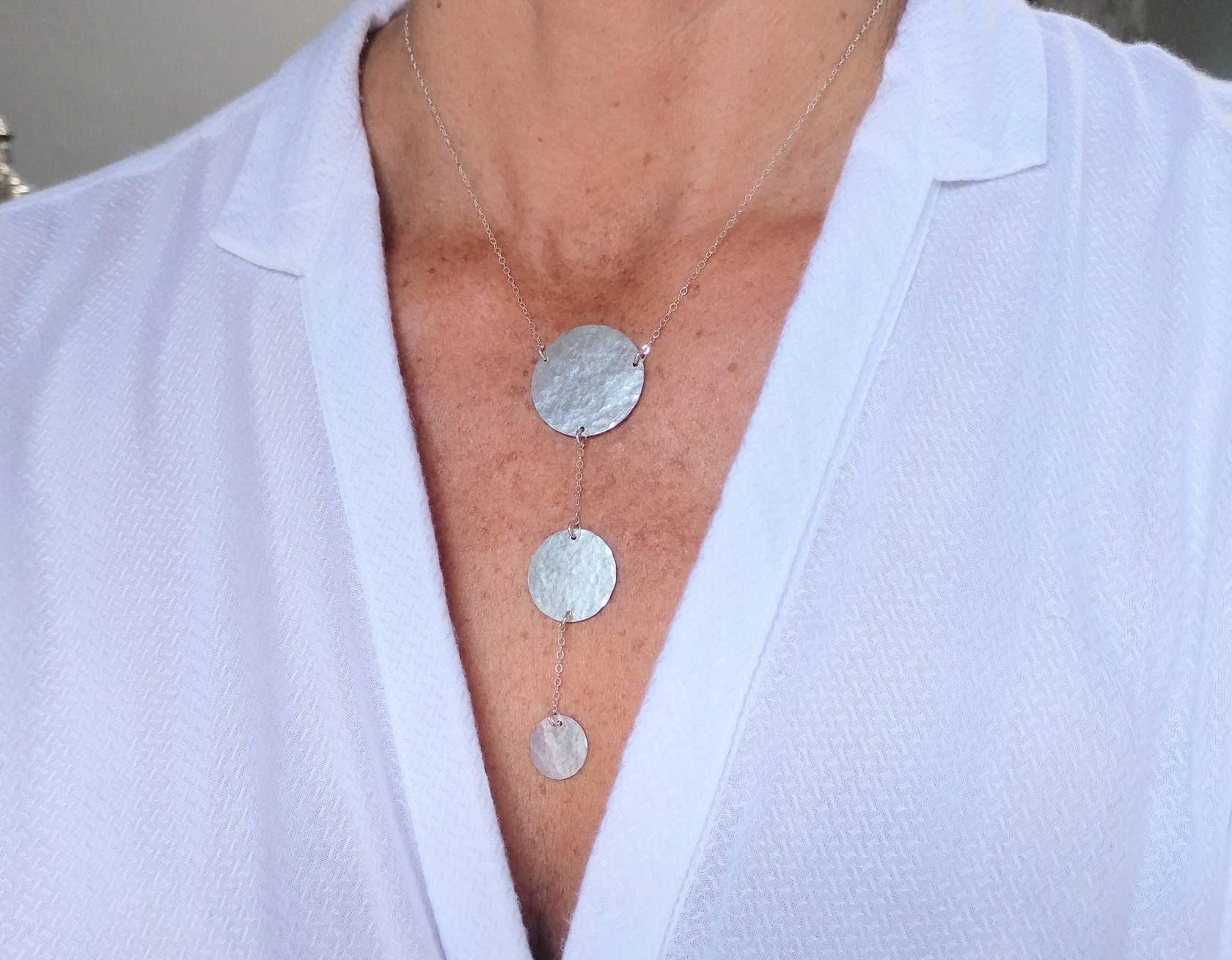 Hammered Triple Disk Necklace, Gold or Sterling Silver, Lariat, Circle ...