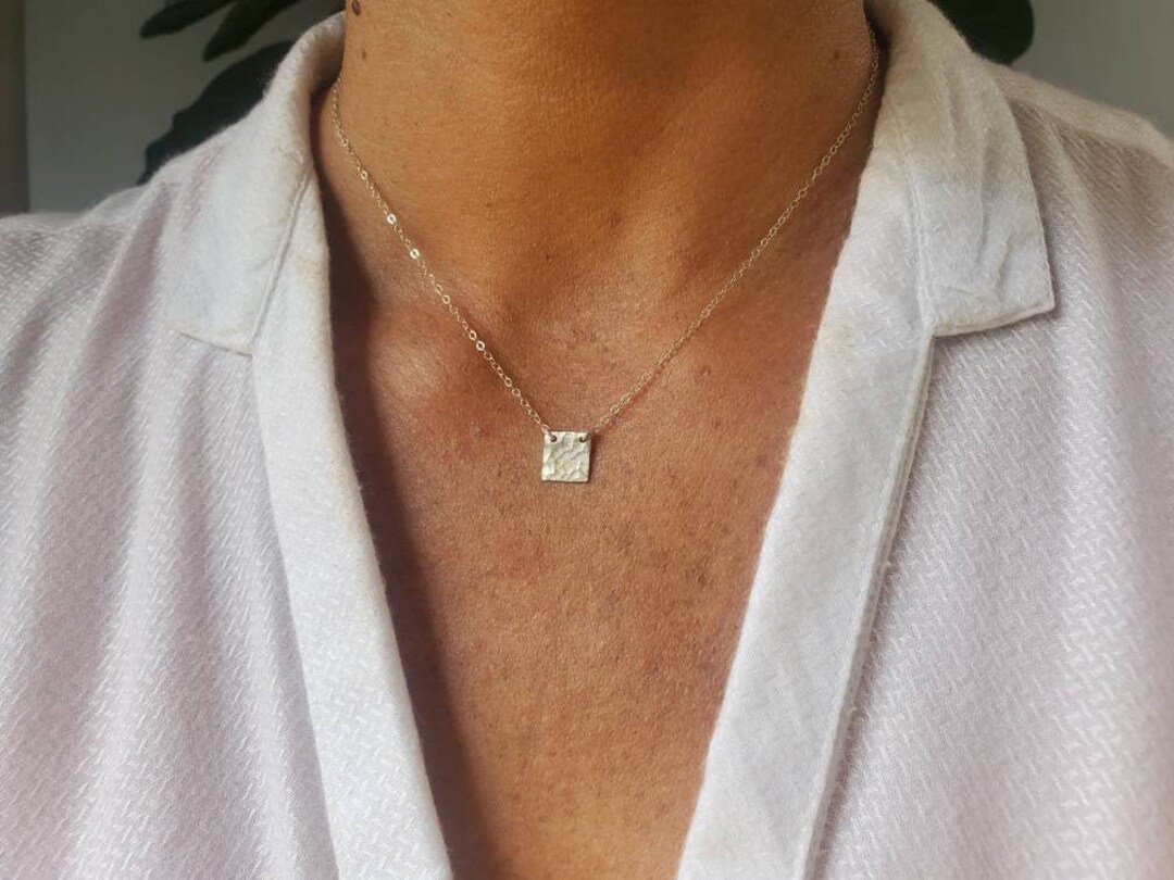 Tiny Silver Square Necklace, Hammered, Sterling Silver, Tiny Necklace ...