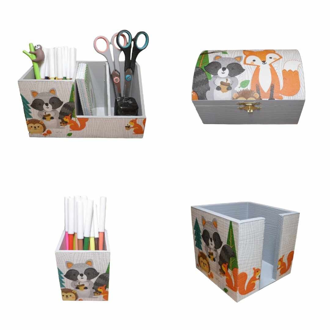 Set of Pencil Boxes, Note Box, Small Chest Raccoon Fox Made of Wood as ...