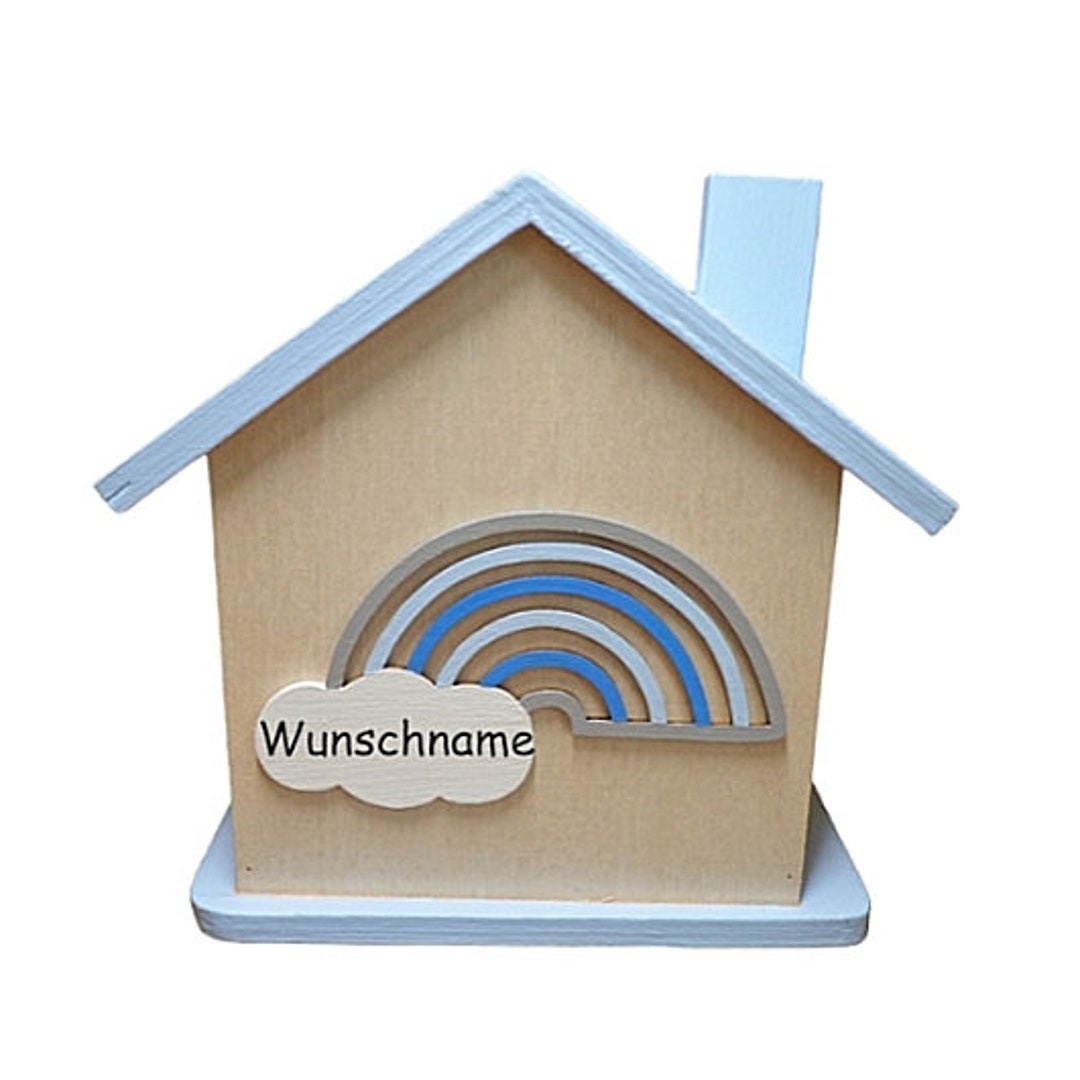 Money Box House With Rainbow Blue/gray Personalized 15 X 8 X 14.5 Cm - Etsy