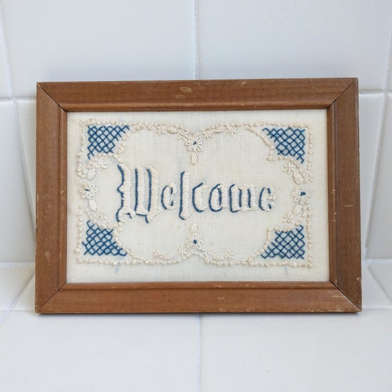Vintage Style Small Welcome Sign Hand Embroidered in Cream and - Etsy