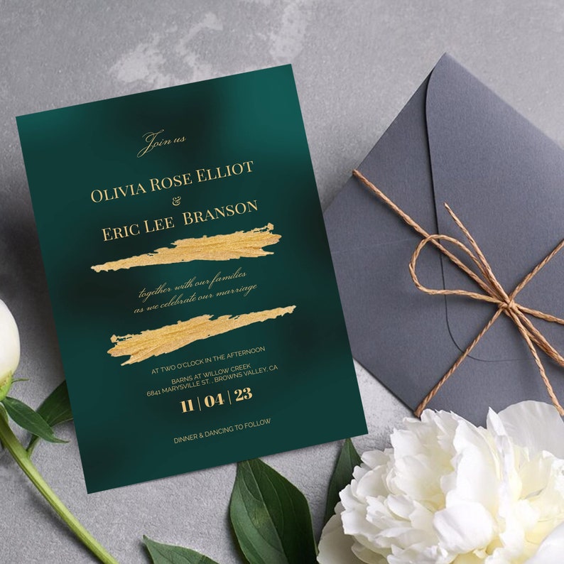 Emerald Green and Gold Botanical Wedding Invitation Template, Luxury ...
