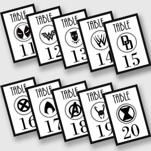 Superhero Logo Table Numbers, Wedding Table Cards, Marvel Superhero ...