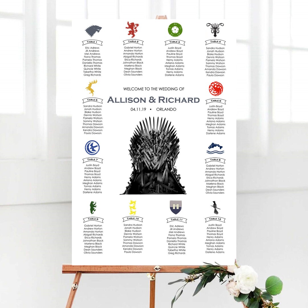 Game of Thrones Wedding Seating Chart, GOT Seating Plan, Game of ...