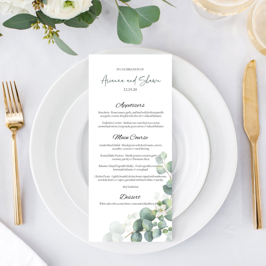 Greenery Wedding Dinner Menus, Elegant Eucalyptus Watercolor Leaves and ...