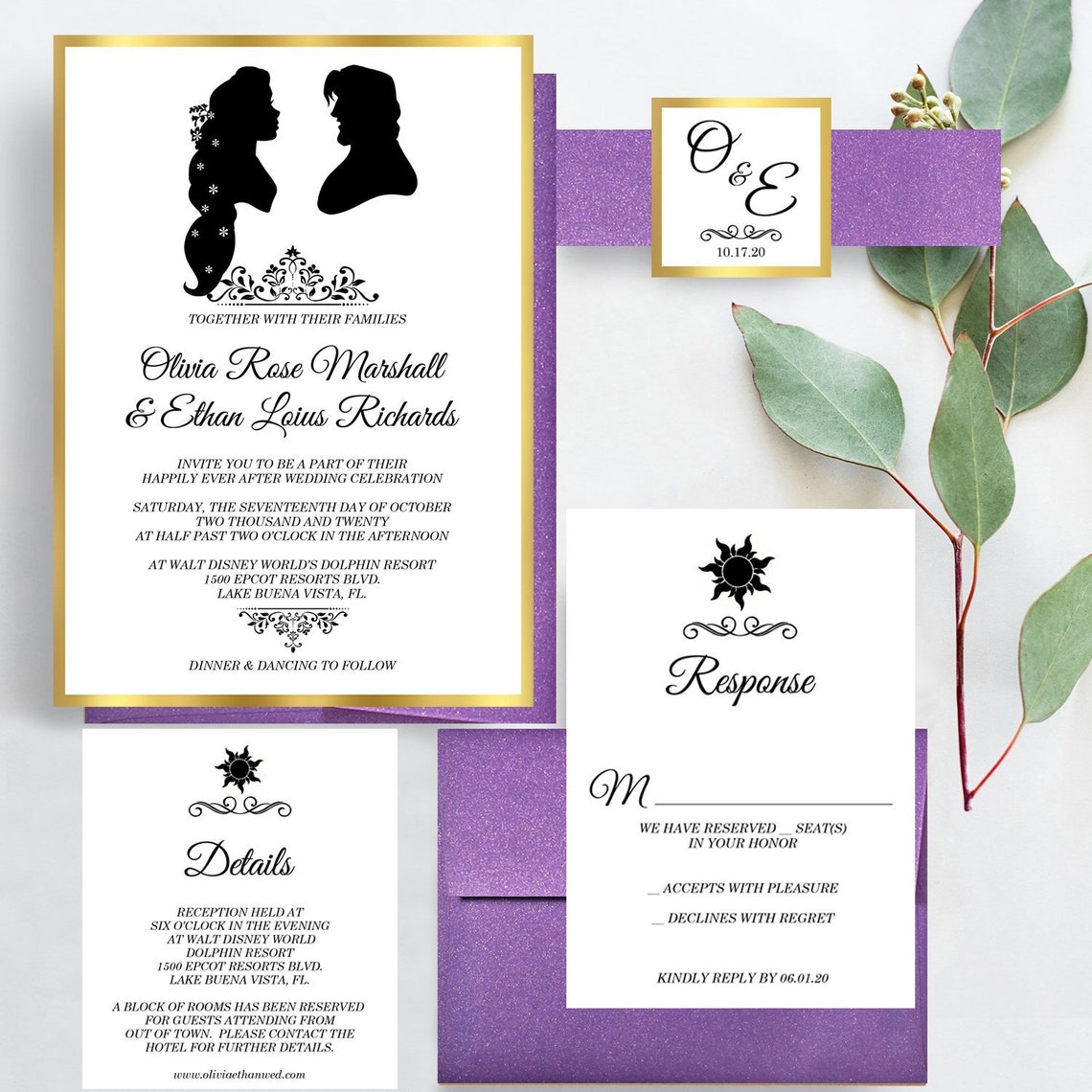 Disney Wedding Invitations, Elegant Gold Foil Invites, Disney Couple ...
