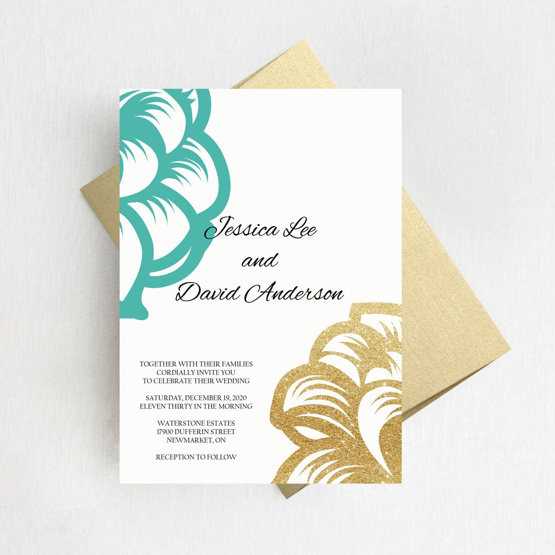 Gold and Turquoise Wedding Invitations, Modern Bold Floral Invites ...