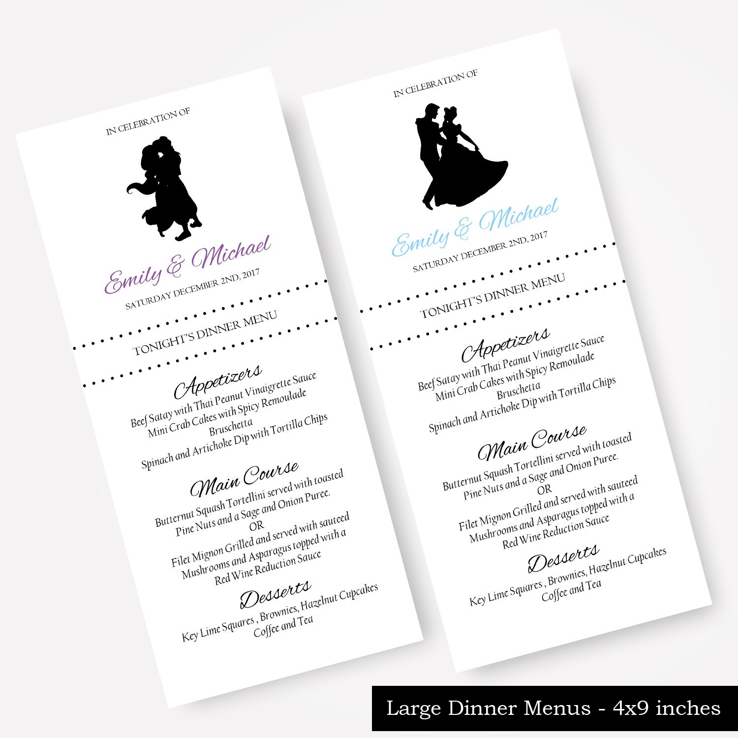Fairytale Wedding Dinner Menus, Disney Couple Silhouette Wedding Menus ...