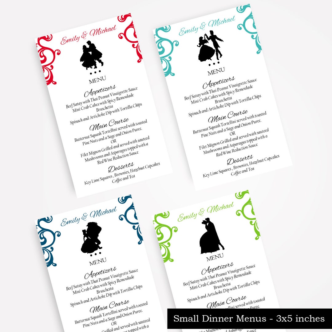 Fairytale Wedding Dinner Menus, Disney Couple Silhouette Wedding Menus ...