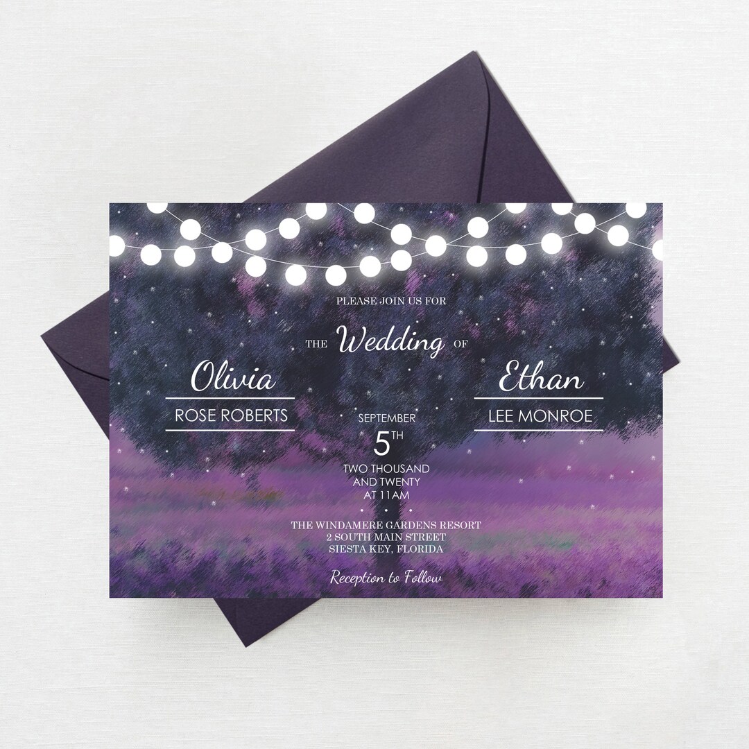 Rustic Purple String Lights Wedding Invitations, String Lights and Fire ...